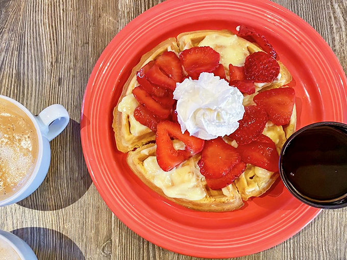 This waffle wears its strawberries and cream like a prom queen wears her tiara&mdash;with well-deserved pride and a touch of decadence.
