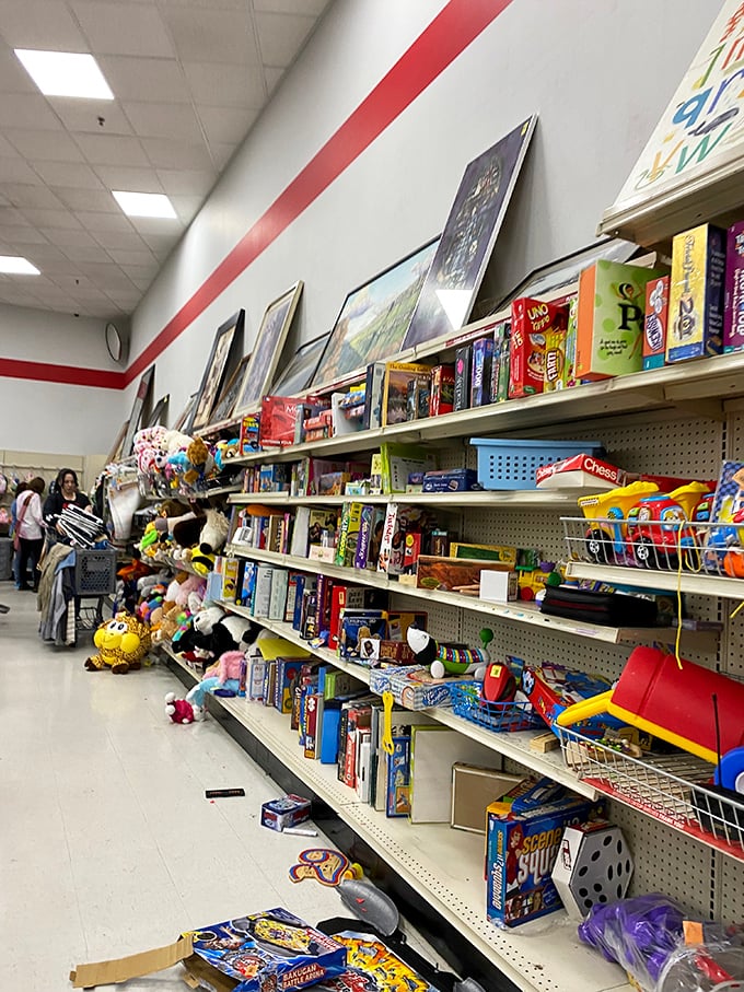 The toy section resembles a playroom explosion, where board games, stuffed animals, and childhood memories await their next adventure.