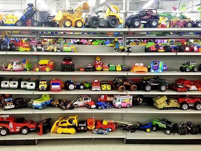 Yesterday's toys lined up like a colorful army of childhood memories. Each plastic vehicle represents adventures waiting to be reimagined by a new generation.