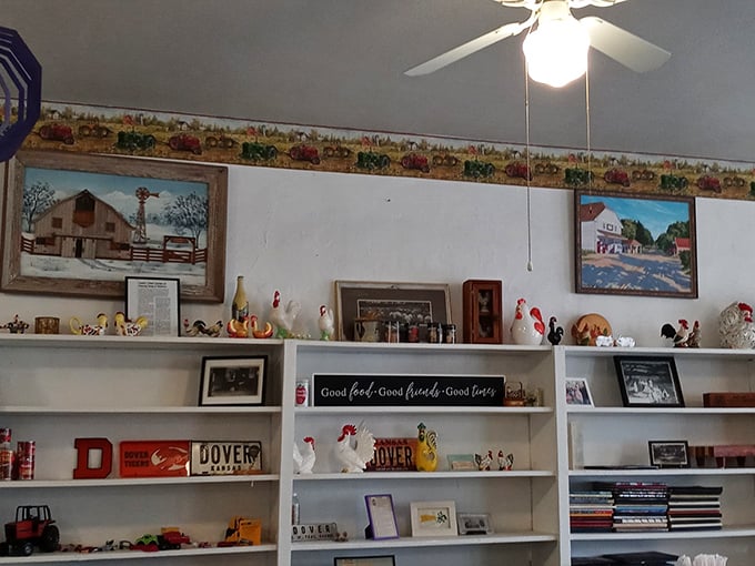 Every shelf tells a story, with chicken figurines standing guard over decades of local memories and farmhouse charm.
