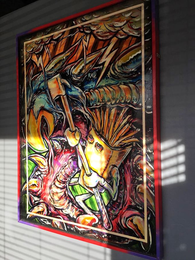 Local artwork adorns the walls, providing something to contemplate while you recover between bites of your monumental meal.