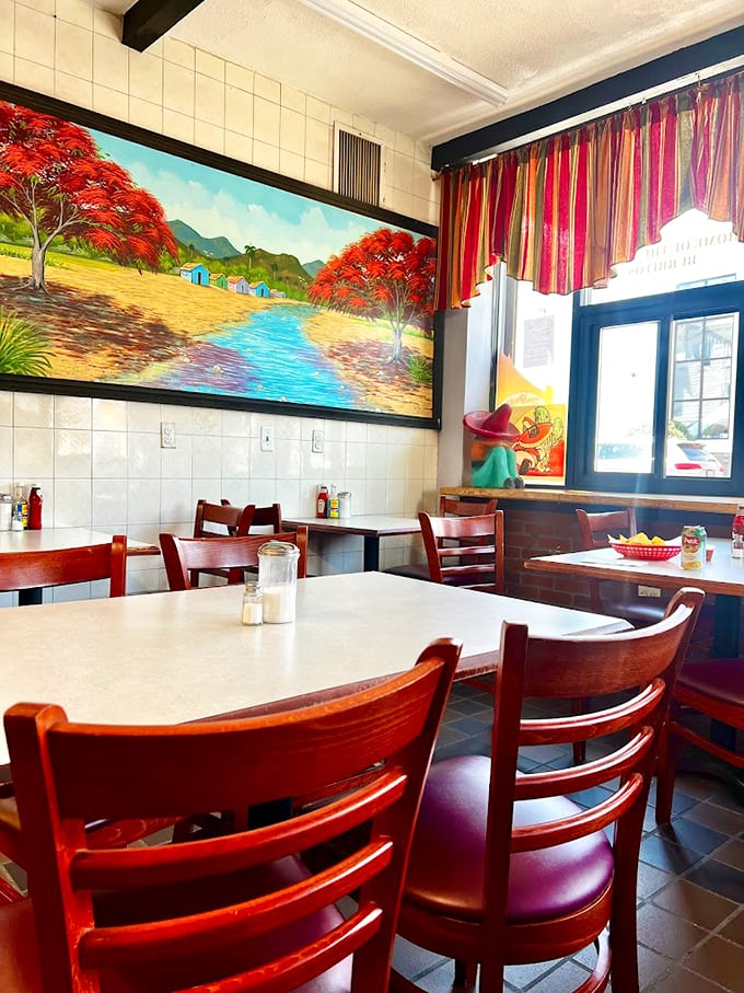 A vibrant mural transports you straight to a Mexican countryside while you demolish your burrito&mdash;talk about dinner and a show!