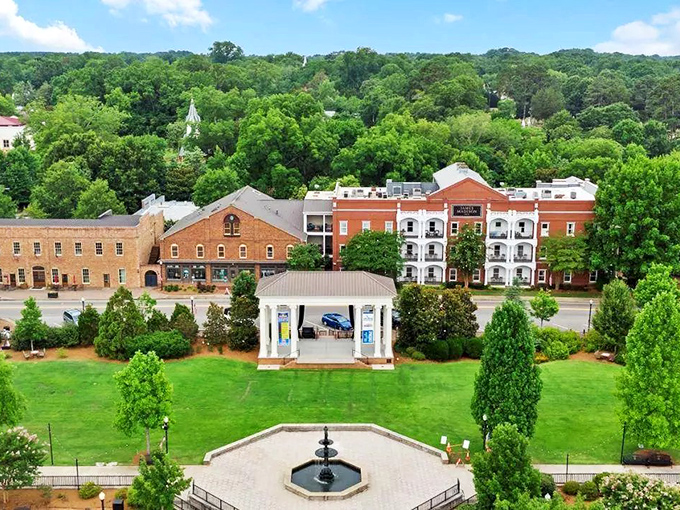 From this aerial view, Madison's town square looks like the community's living room, complete with gazebo centerpiece and brick-lined pathways.