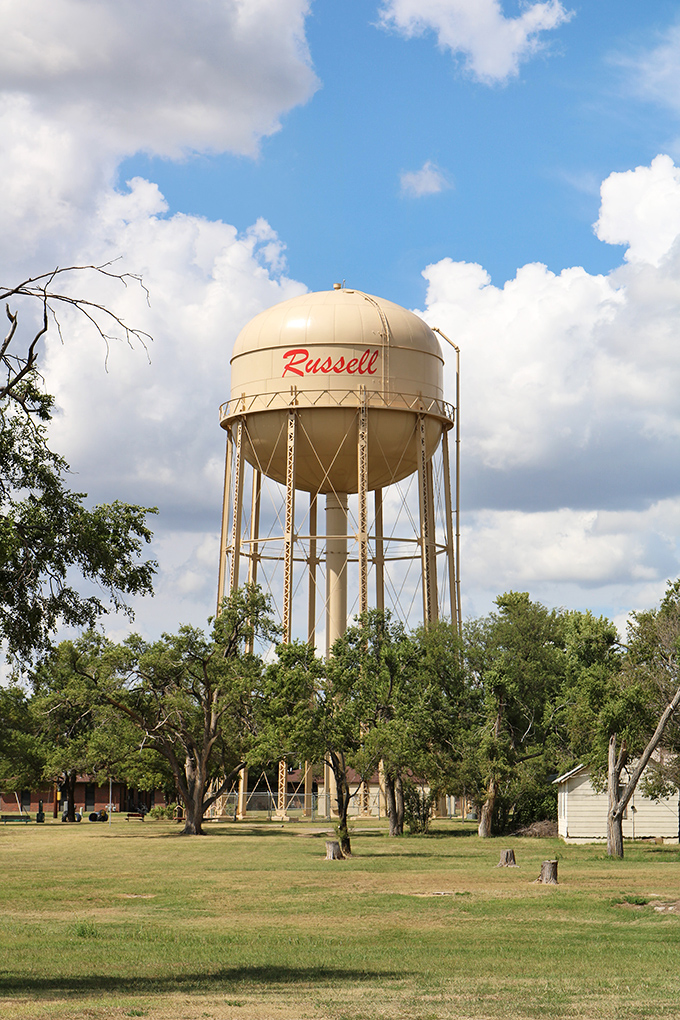 Russell's water tower rises like a benevolent spaceship, announcing to travelers that yes, there is civilization&mdash;and good pie&mdash;in these parts.