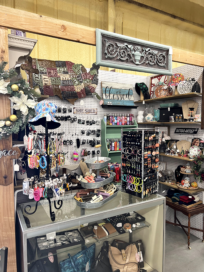 The "She Shed" display proves vintage isn't just about dusty relics. Contemporary accessories blend with retro flair for the fashionably nostalgic shopper.