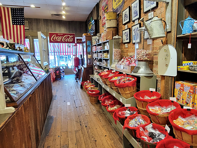 Sunlight streams through the windows, illuminating a path of temptation lined with wooden barrels of sugary possibilities.