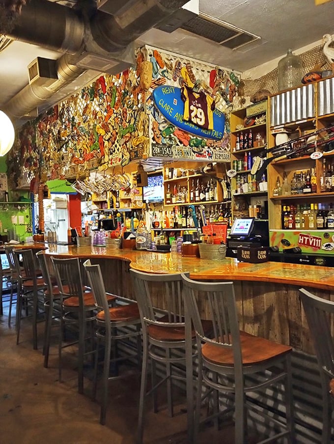 The bar area looks like it was decorated by someone who never met a souvenir they didn't like. Every inch tells a story&mdash;most involving good times.