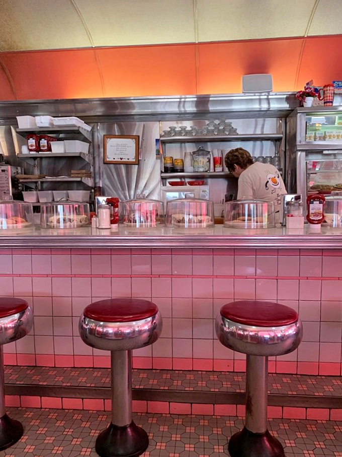 Classic diner counter stools and pink tile transport you to a simpler time when calories didn't count and conversations happened face-to-face.