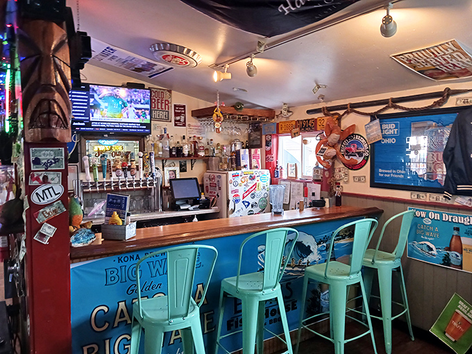 A bar that says, "Fancy isn't necessary when you're having this much fun." Note the dollar bills&mdash;previous patrons leaving breadcrumb trails.