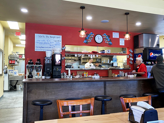 The counter where magic happens &ndash; watch short-order wizardry in action as eggs flip, pancakes sizzle, and coffee mugs never stay empty for long. 