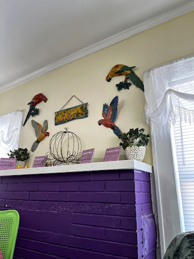 Even the decor has personality—tropical birds adorn the walls, watching over diners like colorful guardians of good taste.