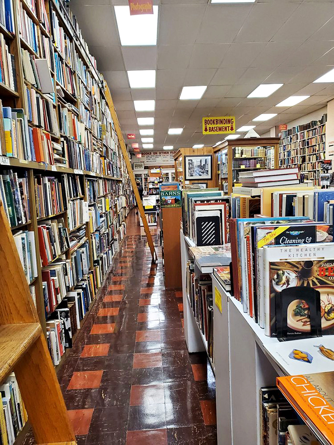 The sign mapping literary territories across multiple floors&mdash;a treasure map where X marks not one spot but thousands.