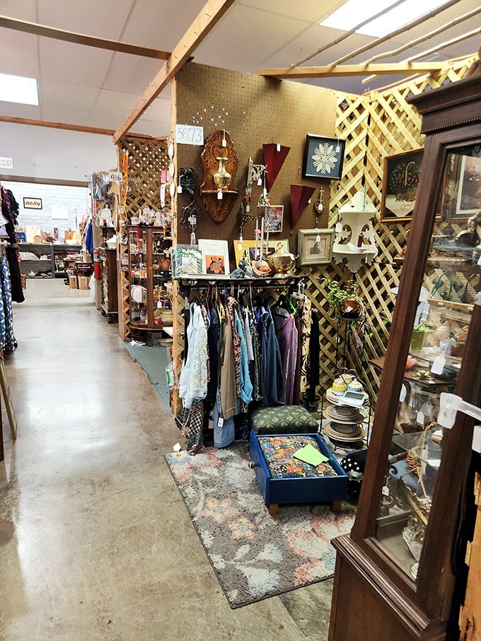Wood lattice dividers create the perfect backdrop for vintage treasures &ndash; like retail therapy meets archaeological dig.