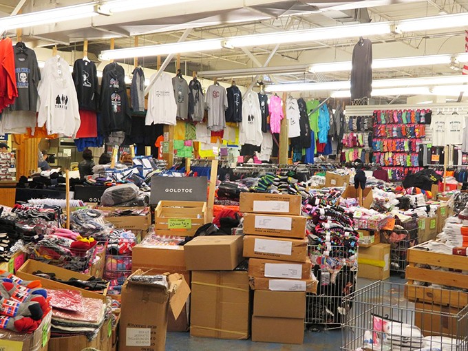 The clothing section operates on its own logic&mdash;part organized chaos, part retail experiment. Somewhere in those piles is exactly what you didn't know you needed.