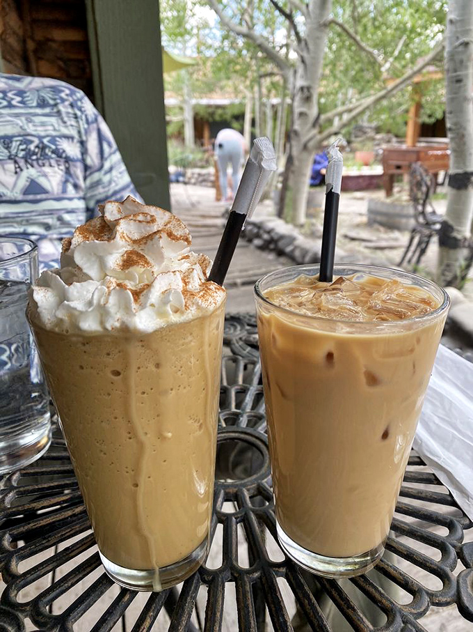 Iced coffee and what appears to be a caramel frapp&eacute; with a mountain of whipped cream&mdash;proof that high altitude caffeine hits differently.