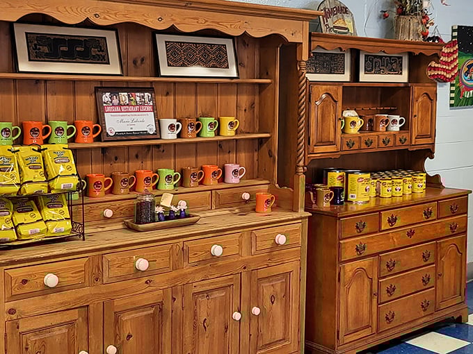 Colorful mugs line antique wooden shelves &ndash; silent witnesses to decades of morning conversations and "just one more cup" decisions.