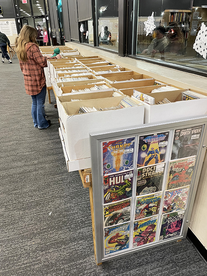 Comic book heaven! Marvel, DC, and indie publishers coexist peacefully in these bins &ndash; superhero diplomacy at its finest.