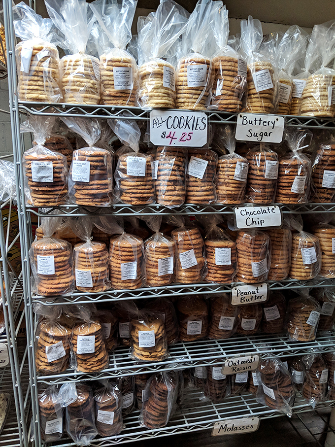 Cookie packages stacked with military precision. Each bag contains enough buttery goodness to make you temporarily forget all your adult responsibilities.