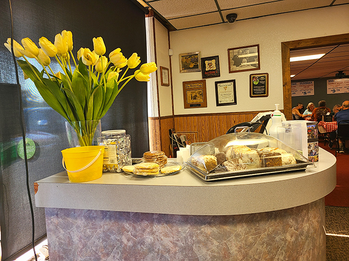 Yellow tulips brighten the dessert counter &ndash; a touch of springtime optimism next to those plastic-domed treasures promising sweet satisfaction.