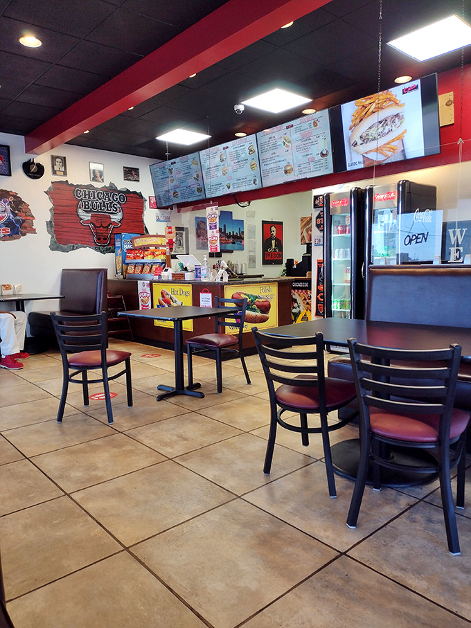 The counter area showcases Chicago sports pride with Bulls memorabilia&mdash;Michael Jordan watching over your meal choices.