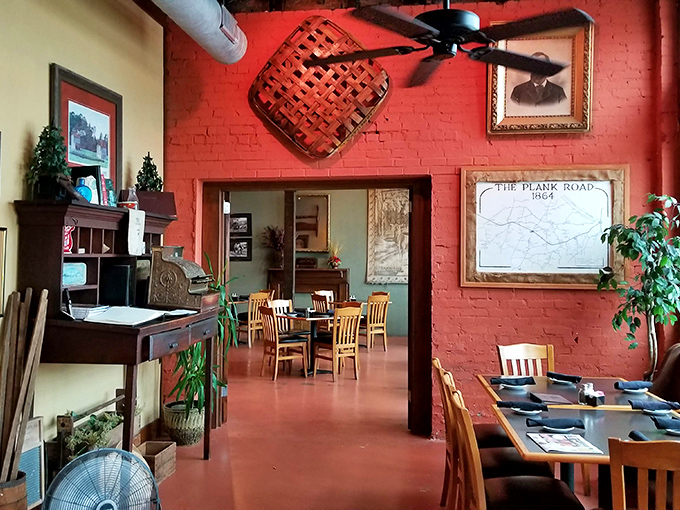 Rich red walls and historic artifacts tell the story of Farmville's past while you create your own memories over dinner.