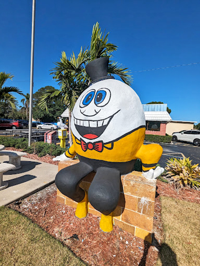 Humpty Dumpty after a successful makeover and gym membership. This egg-shaped greeter sports a dapper top hat and bowtie.