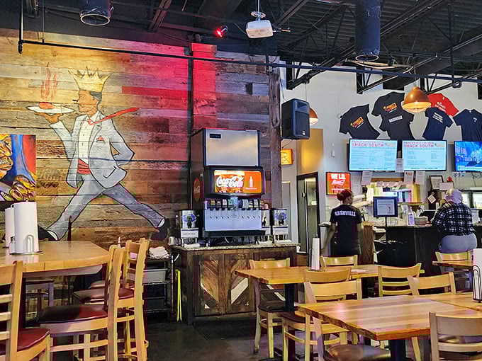 The rustic wood walls and crown-wearing chicken mural tell you this place knows exactly what it is &ndash; royalty in the hot chicken universe.