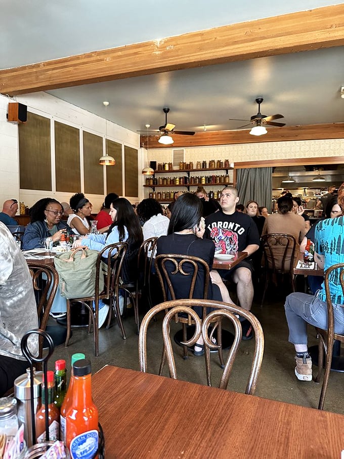 The dining room buzzes with the universal language of "mmm" as strangers become united in the brotherhood of good eating.
