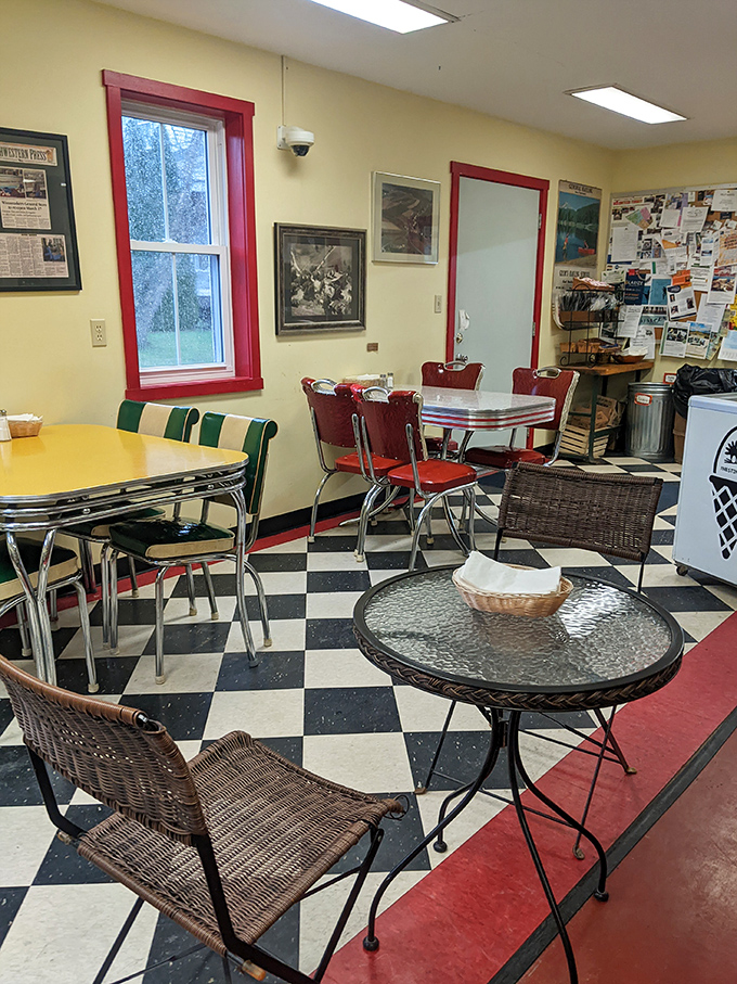 A dining area that's part time capsule, part community hub. Those checkerboard floors have witnessed more good conversations than most therapists.