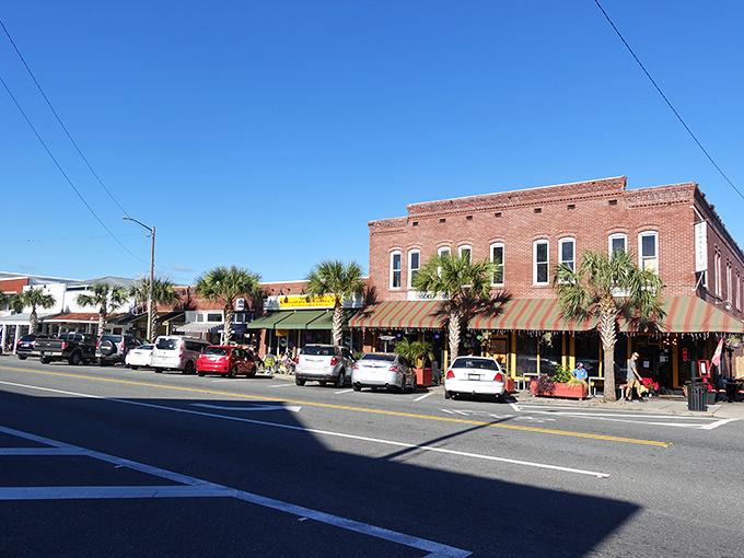 Brick buildings, palm trees, and not a parking meter in sight—downtown Apalachicola is Florida before Florida got complicated.
