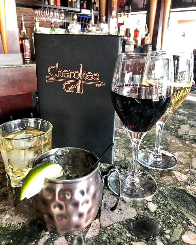The perfect prelude to prime rib: a selection of adult beverages served with the Cherokee Grill's signature style. That copper mug isn't just for show&mdash;though it does photograph beautifully.
