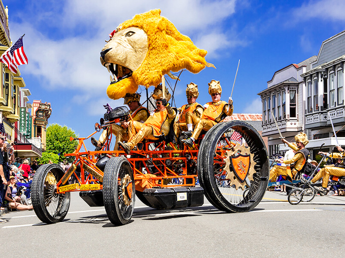 The Kinetic Grand Championship brings golden lion-headed contraptions to Main Street. It's part parade, part engineering marvel, all Humboldt County magic.