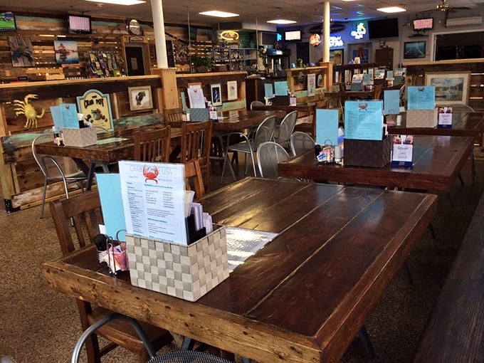 Blue menus on weathered wooden tables&mdash;the universal signal that serious seafood business is about to go down.