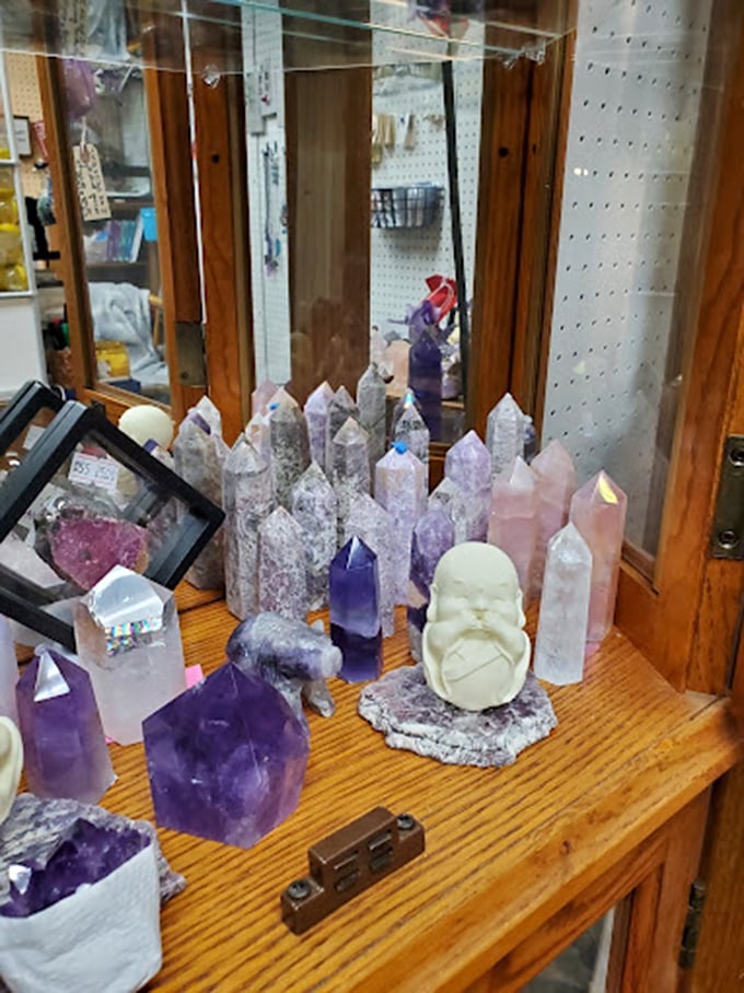 Crystal specimens that bring both earthy beauty and new-age energy. That Buddha looks surprisingly zen among all that quartz.