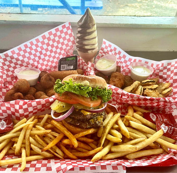 The burger-fries-hushpuppies-ice cream combo that nutritionists fear and taste buds celebrate. Worth every minute on the treadmill tomorrow.