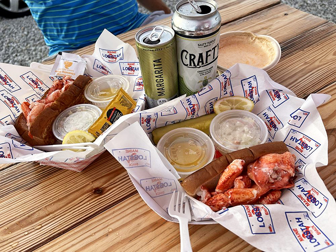 The ultimate coastal picnic spread, complete with craft beer and enough condiment cups to satisfy even the most particular seafood aficionado.