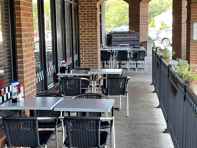 The outdoor seating area&mdash;where you can enjoy your sandwich with a side of fresh air and people-watching. Urban dining with Southern charm.