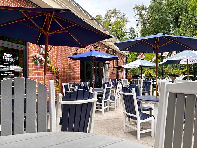 The outdoor patio offers a serene escape with navy umbrellas and Adirondack chairs&mdash;Maryland's answer to the Mexican riviera.