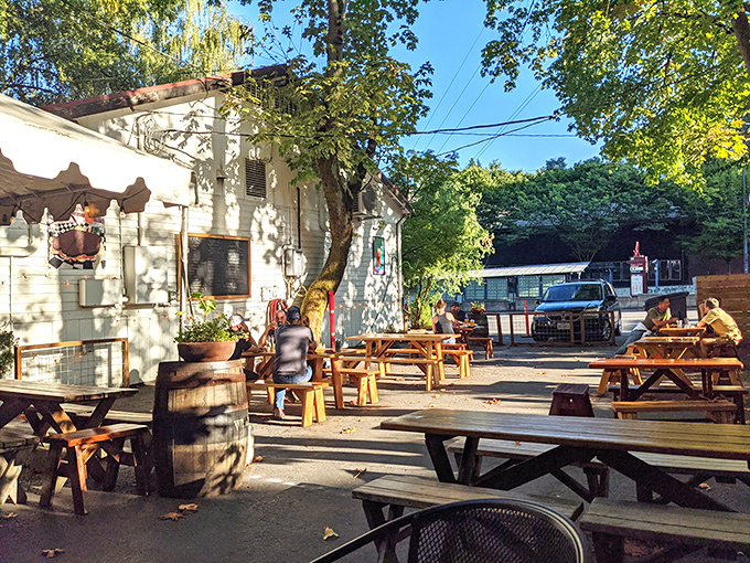 The outdoor dining area feels like your coolest friend's backyard &ndash; if that friend had mastered the art of creating the perfect summer hangout spot.