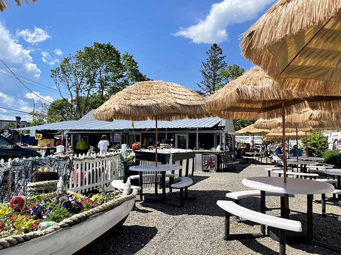 Tiki umbrellas transform a gravel lot into a coastal paradise, where picnic tables become the best seats in Connecticut's seafood theater.