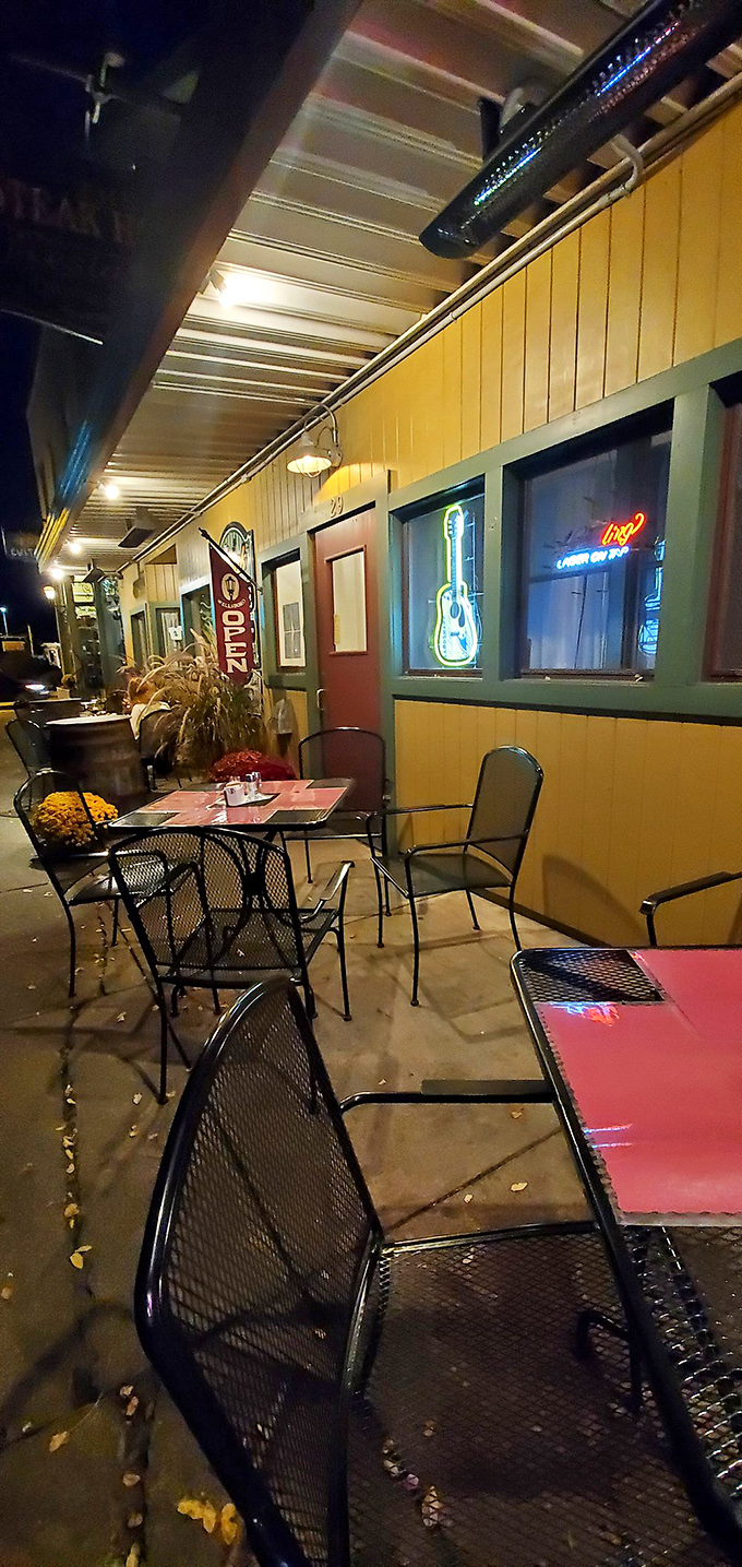 Even after sunset, the outdoor seating area offers a charming spot to enjoy Wellsboro's small-town ambiance along with your meal.
