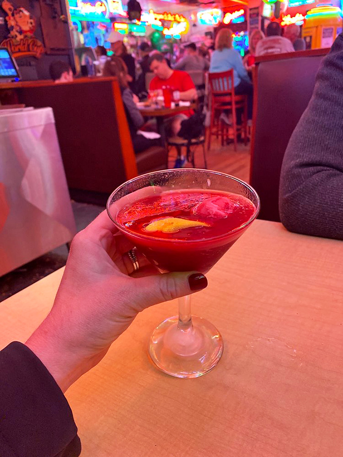A ruby-red martini that whispers, "You've had a long day. Let's talk about it" with every sip.