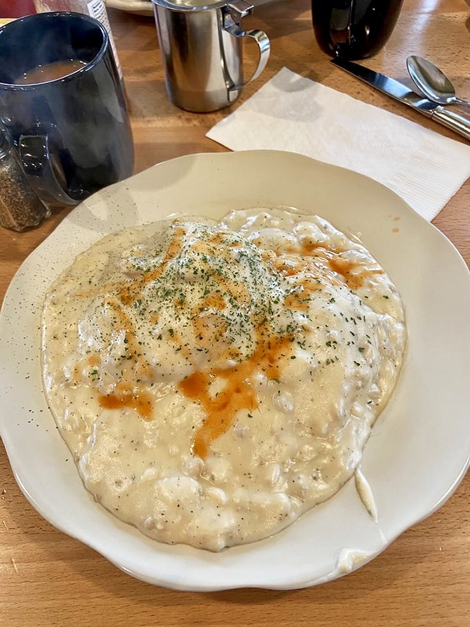 Biscuits and gravy that could make a Southerner nod in approval. That peppery, creamy gravy doesn't just cover the biscuit &ndash; it completes it.