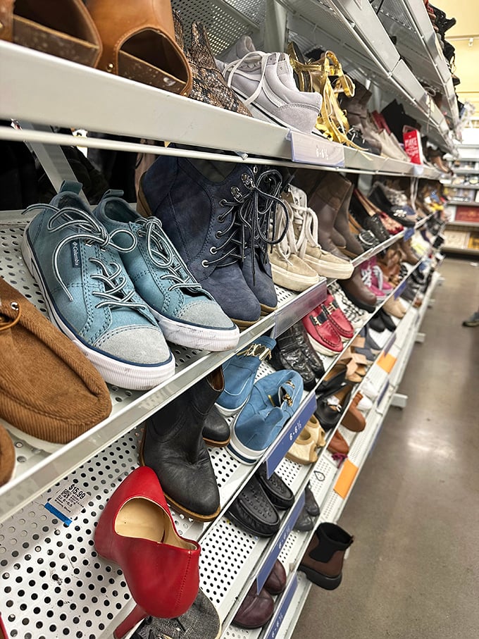 The shoe section: a podiatric United Nations where Italian loafers and sensible sneakers find common ground on the same shelf. 
