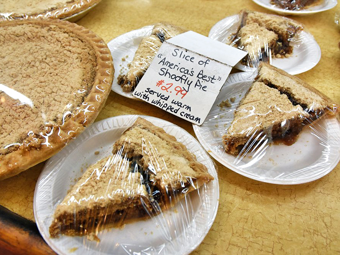 "America's Best" shoo-fly pie slices wrapped and ready, like little molasses-filled presents you give to yourself because you deserve it.