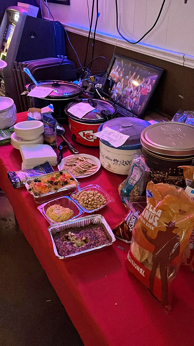 Potluck perfection! The 403 Club occasionally transforms into a community kitchen where regulars share dishes as freely as they share pinball tips.