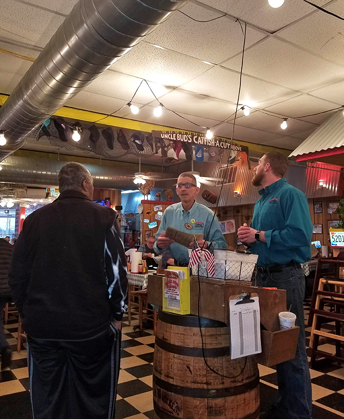 The hosts at Uncle Bud's don't need a fancy podium&mdash;just a barrel, a clipboard, and the promise of catfish in your immediate future.