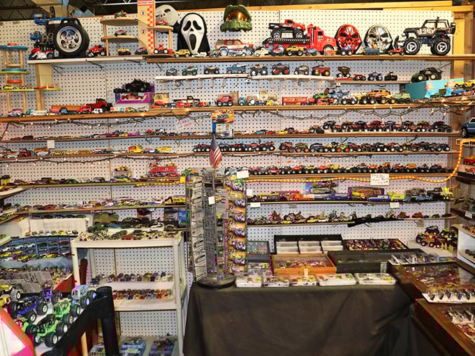 Toy car heaven! Every vehicle a little boy (or grown man) ever dreamed of owning, meticulously arranged in miniature perfection.