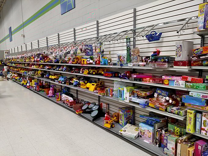 Toy story indeed! This aisle of pre-loved playthings promises budget-friendly fun while giving plastic heroes and board games their second act. 