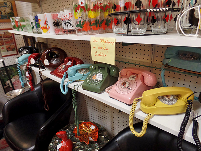 The rainbow of rotary phones that once connected us before we carried communication devices in our pockets. That satisfying dial return!